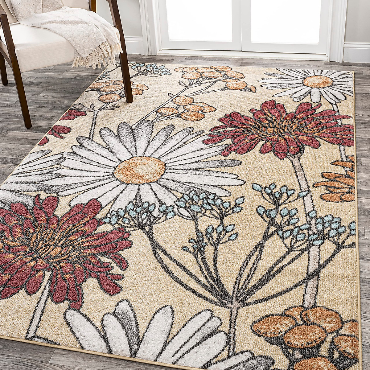 JONATHAN Y CTP203A-4 Dizi Modern Botanical Wildflower Indoor Area -Rug, Contemporary, Floral, Tropical Easy -Cleaning,Bedroom,Kitchen,Living Room,Non Shedding, Yellow/Ivory/Red, 4 X 6