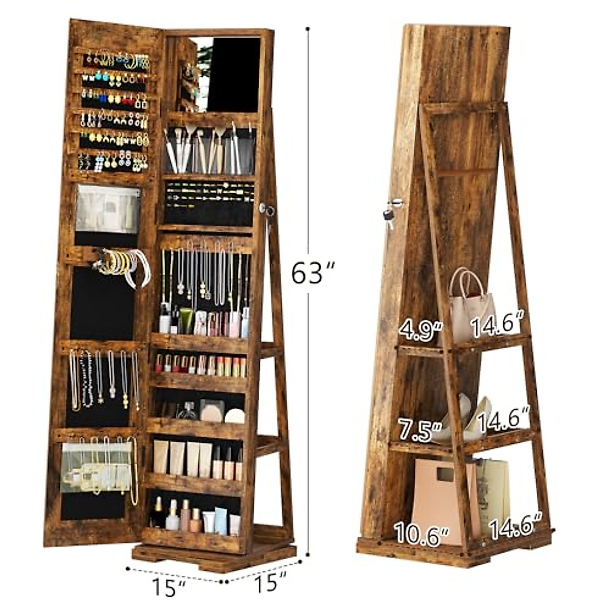 SDHYL Mirror Jewelry Cabinet Standing, 360° Swivel Mirror with Storage Full Length with Jewelry Storage,Jewelry Organizers and Storage Makeup Storage with Lock, Best Gift for Wife & Girls, 63"x15"