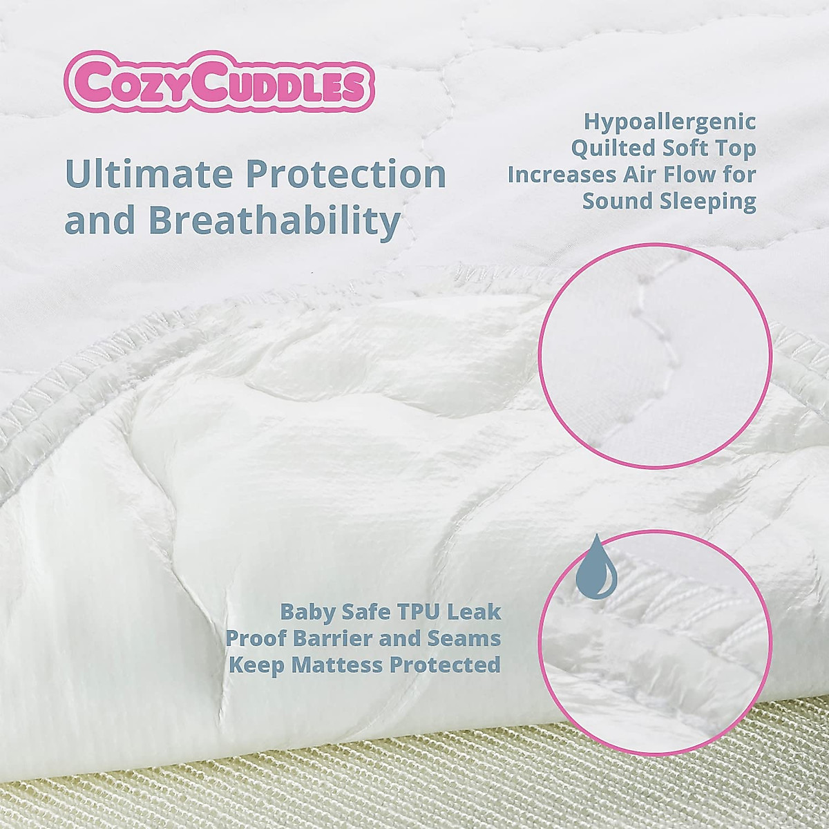 COZYCUDDLES Premium Zippered Quilted Waterproof Crib Protector Cover - All 6-Sides Waterproof Fully Encasement - Standard Baby Crib Toddler Bedding (52" x 28"), White, ‎CC-01