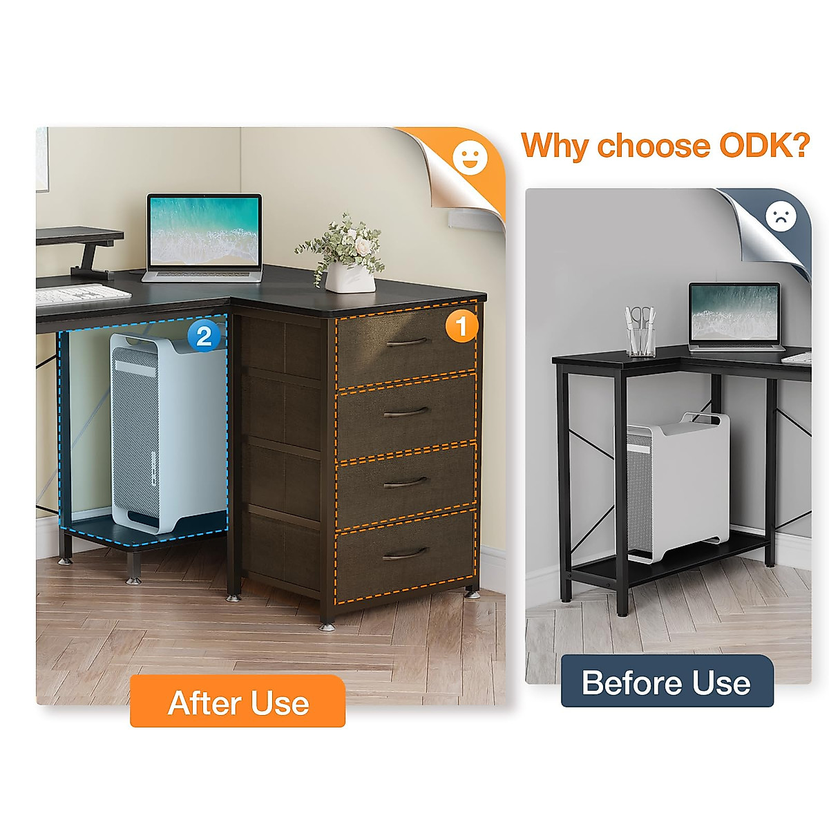 ODK 55-Inch L Shaped Gaming Desk with LED Lights & USB Power Outlets, Reversible Computer Desk with 4 Drawers, Corner Gamer Desk with CPU Shelf & Monitor Stand, Gaming Table for Bedroom, Black