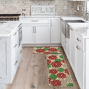 Artoid Mode Red Green Dahlia Floral Boho Christmas Kitchen Mats Set of 2, Winter Home Decor Low-Profile Kitchen Rugs for Floor - 17x29 and 17x47 Inch
