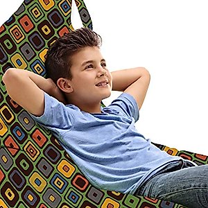 Lunarable Vintage Lounger Chair Bag, Geometric Square-Like Forms with Inner Discs Funky Retro Pattern Print, High Capacity Storage with Handle Container, Lounger Size, Green and Multicolor