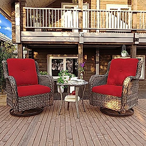Joyside Outdoor 360 Degree Swivel Rocker Patio Chairs Sets of 2 and Matching Side Table - 3 Piece Wicker Patio Bistro Set Patio Swivel Rocker Chairs with Olefin Fabric Cushion(Brown/Red)