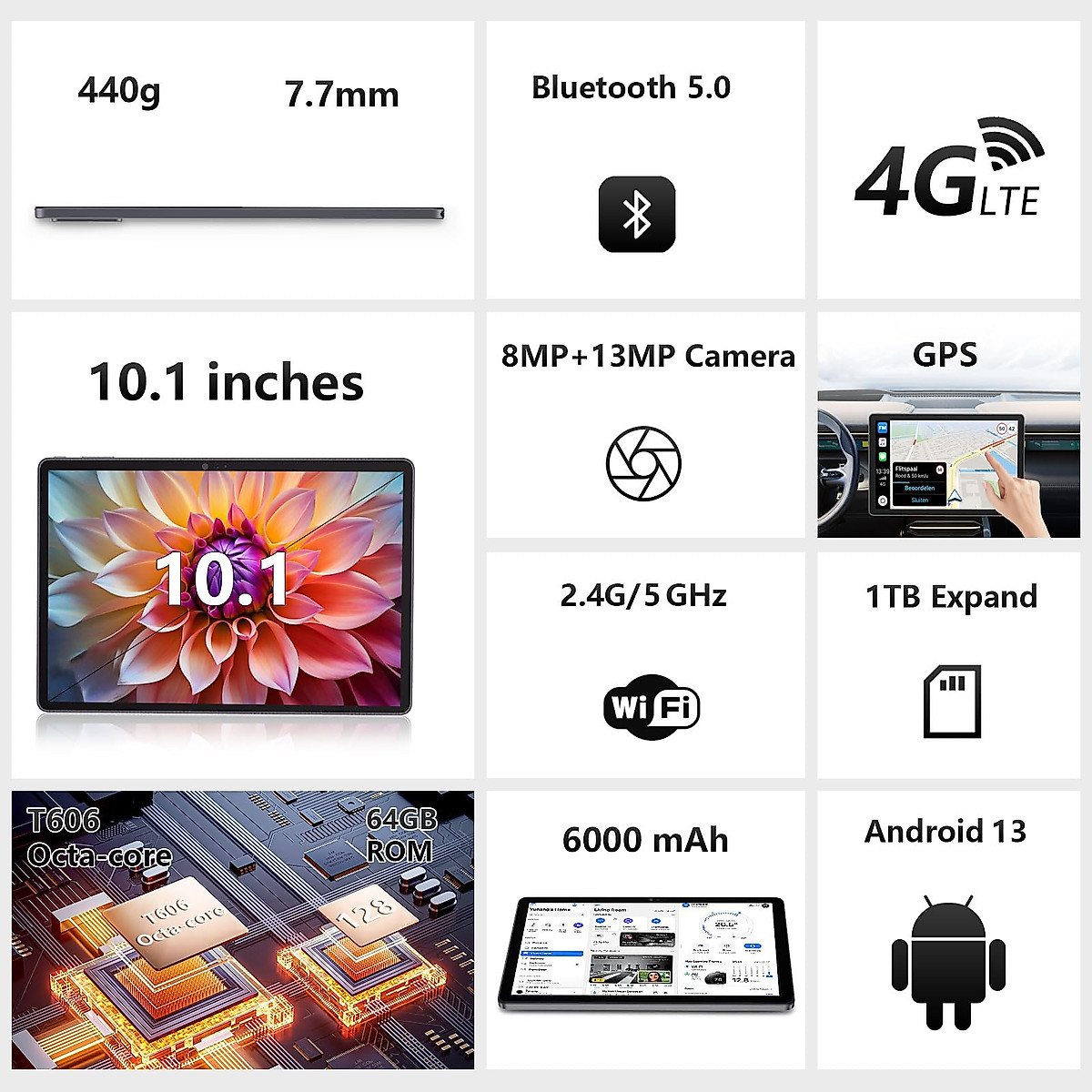 Tablet 10.1 inch Android 13 Tablet PC Latest Update Octa Core Processor 8(4+4) + 64GB Storage, 1TB Expand Support, Dual Camera, with 4G Cellular Tablet, WiFi, FM, Bluetooth, GPS, HD Display Metal Body