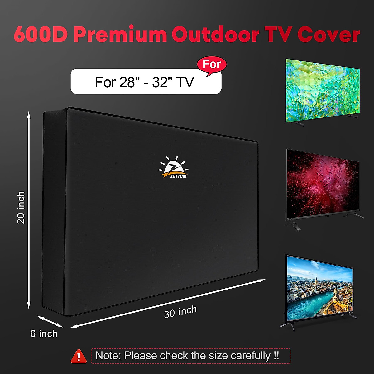 Zettum Outdoor TV Cover - 600D Weatherproof & Waterproof for 28 to 32 Inch TV, Heavy Duty Enclosure Protector (30"L x 6"D x 20"H)