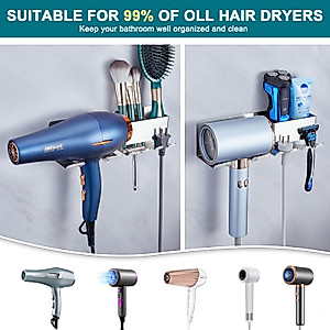 Hair Dryer Holder Wall Mounted, Blow Dryer Organizer, Hair Tool Organizer, Adhesive Blow Dryer Holder for Bathroom, Stainless Steel Hair Dryer Stand with Plug Hook & Storage Compartment