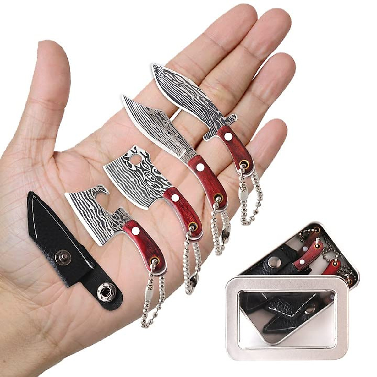 MOVNO Mini Pocket Knife Set Damascus Mini Utility Knife, Tiny Chef Knife with Sheath Cleaver for Package Opener Box Cutter, Camping Outdoor-4pcs-B