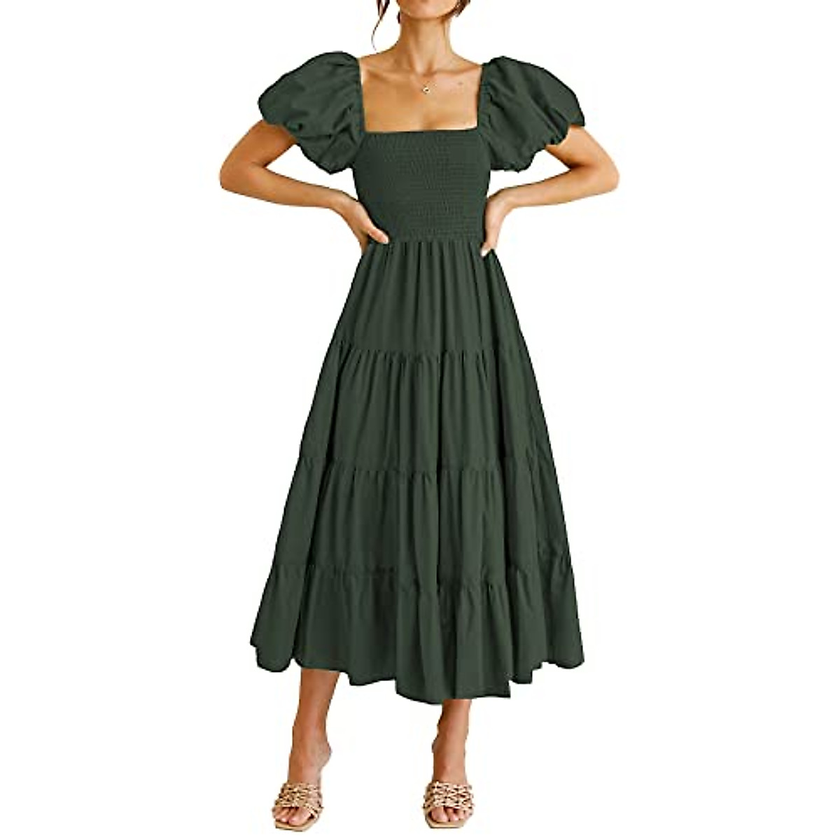 PRETTYGARDEN Women's Casual Summer Midi Dress Puffy Short Sleeve Square Neck Smocked Tiered Ruffle Dresses (Army Green,Medium)