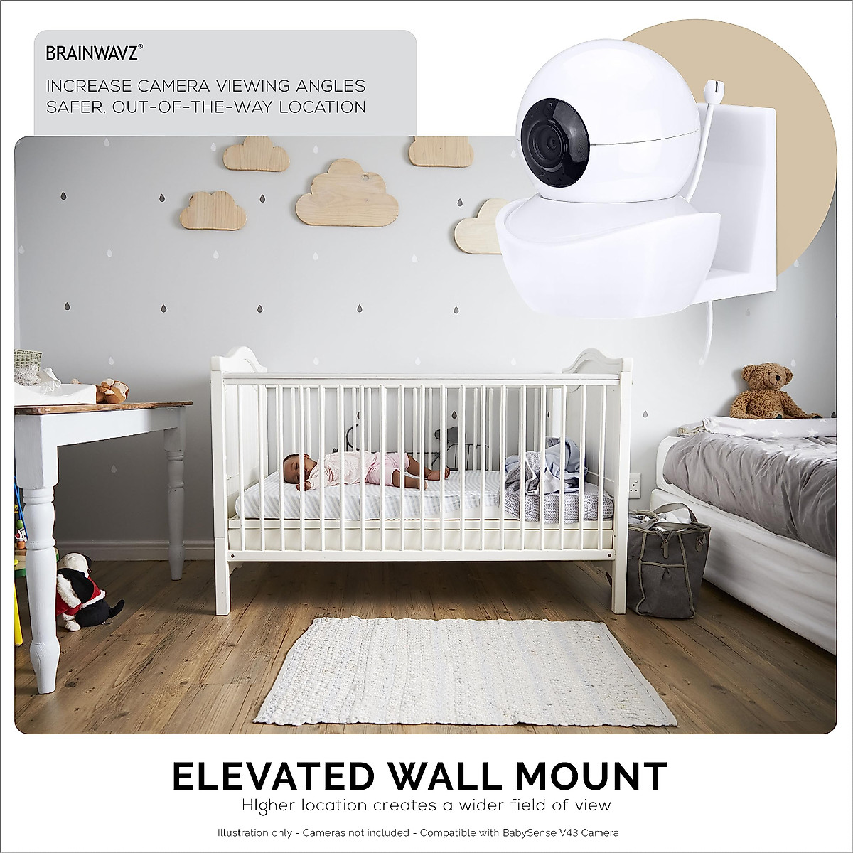 BRAINWAVZ Wall Mount for BabySense V43 Baby Monitor Camera - Adhesive Holder, Easy to Install, No Tools Needed, No Mess, No Drilling, Strong Mount, White
