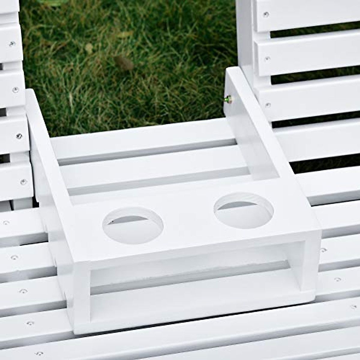 Outsunny 3-Seater Wooden Porch Swing, Patio Swing Bench with Folding Coffee Table, Cup Holders and Chains Included, 440lbs Weight Capacity, White