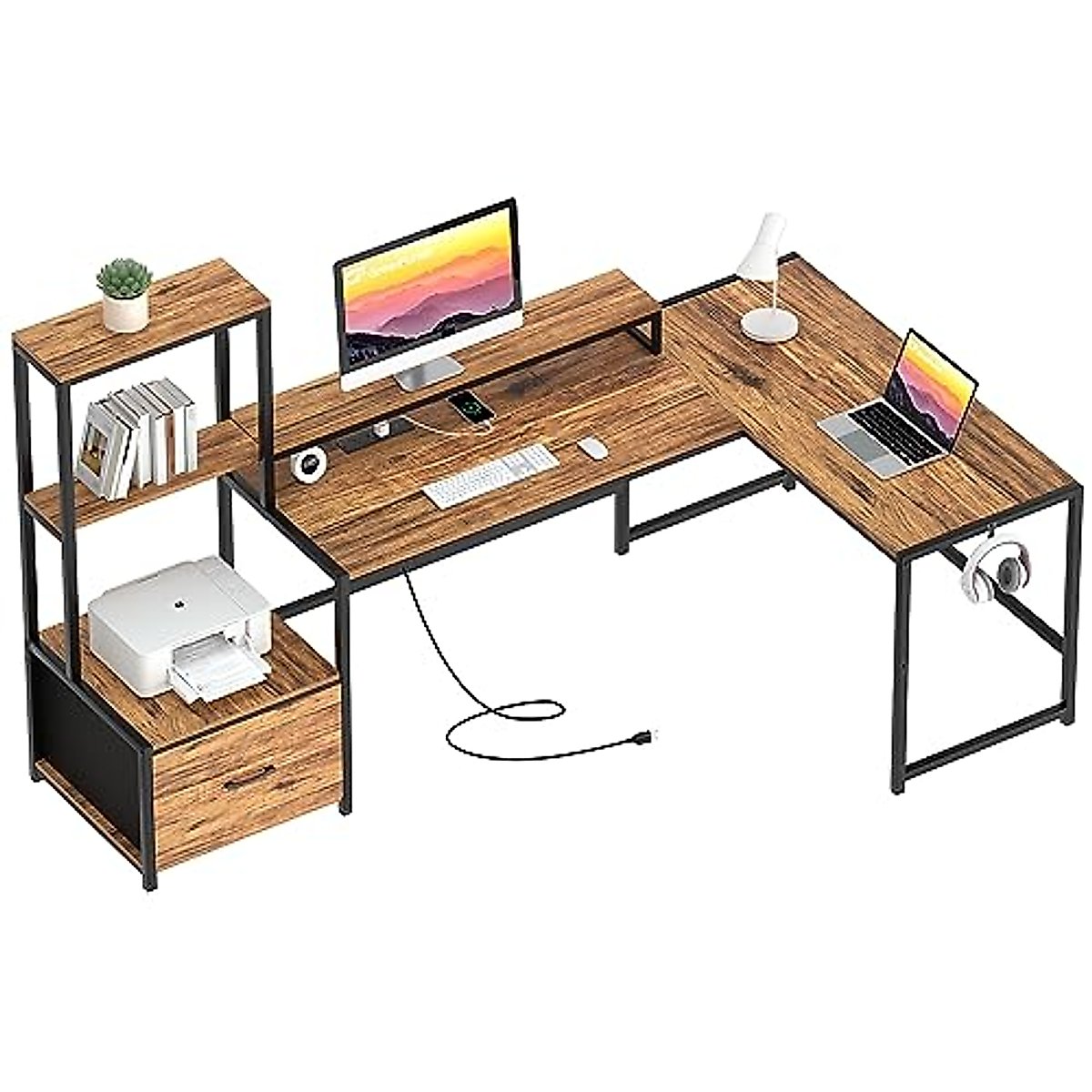 GreenForest 70 in L Shaped Desk with Drawers and Printer Stand and Queen Size Bed Frame Easy Quick Assembly