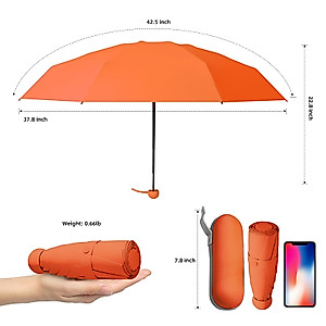 Trenovo Travel Mini Folding Compact Umbrella With Case - 8 Ribs Lightweight Portable for Sun & Rain, Small Pocket for Girls and Women - Orange