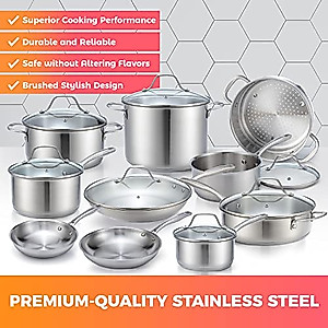 Mueller Pots and Pans Set 17-Piece, Ultra-Clad Pro Stainless Steel Cookware Set, Ergonomic and EverCool Stainless Steel Handle, Includes Saucepans, Skillets, Dutch Oven, Stockpot, Steamer and More