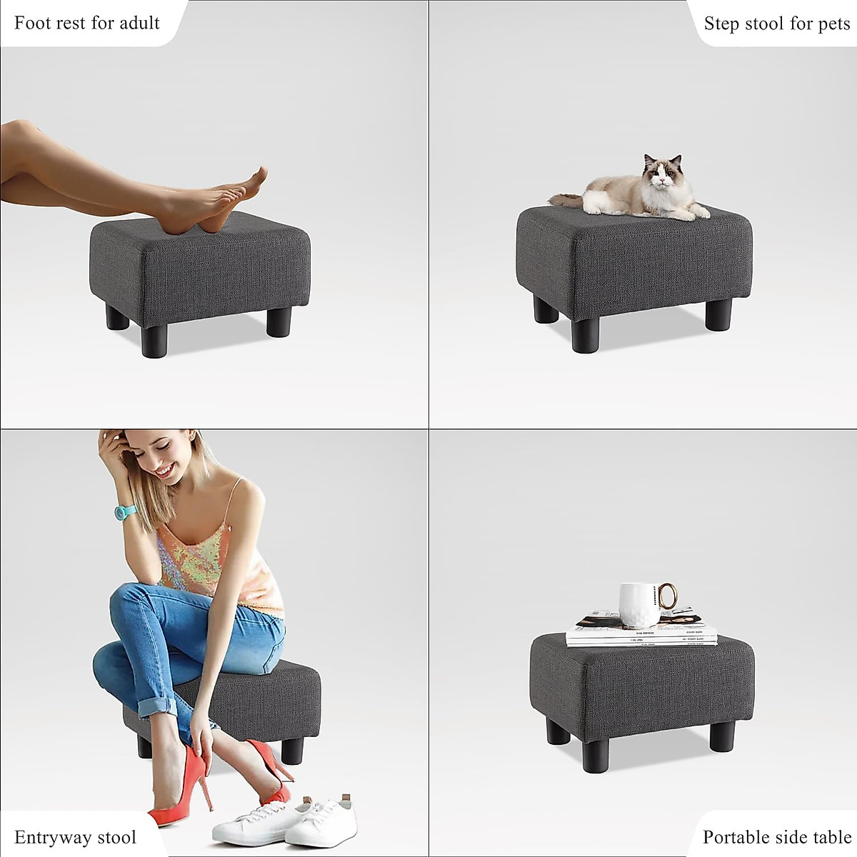 O2B Modern Foot Stool, Boucle Stool Footrest Ottoman, Upholstered Rectangular Footstool Ottoman with Legs, Step Stool for Living Room, Office, Patio (Dark Grey)