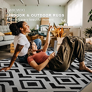 wikiwiki Outdoor Rug, 5x8ft Waterproof Reversible Mat Indoor Outdoor Rugs Carpet, Small Area Rug Plastic Straw Rug for Patio Deck Balcony Pool RV Camping Beach Picnic, Black