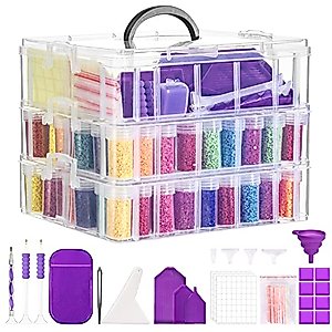 QUEFE 3-Tier Diamond Painting Storage Container, 100 Slots Clear Stackable Bead Organzier with Diamond Painting Accessories and Tools for DIY Diamond Art Craft Jewelry Bead Storage