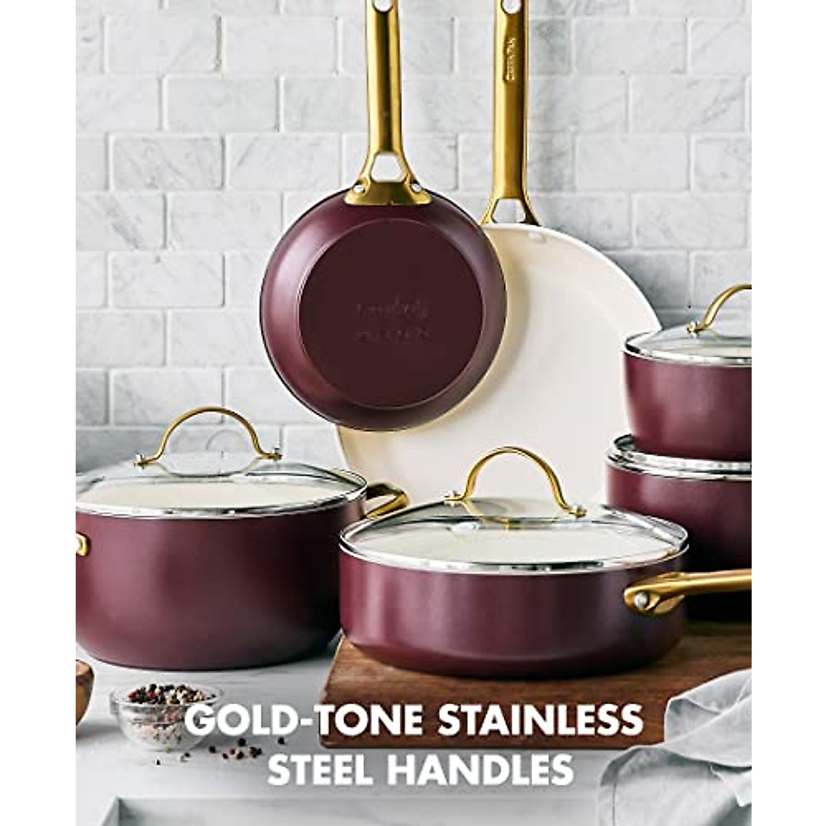 GreenPan Reserve Hard Anodized Healthy Ceramic Nonstick 8" and 11" Frying Pan Skillet Set, Gold Handle, PFAS-Free, Dishwasher Safe, Oven Safe, Merlot Red