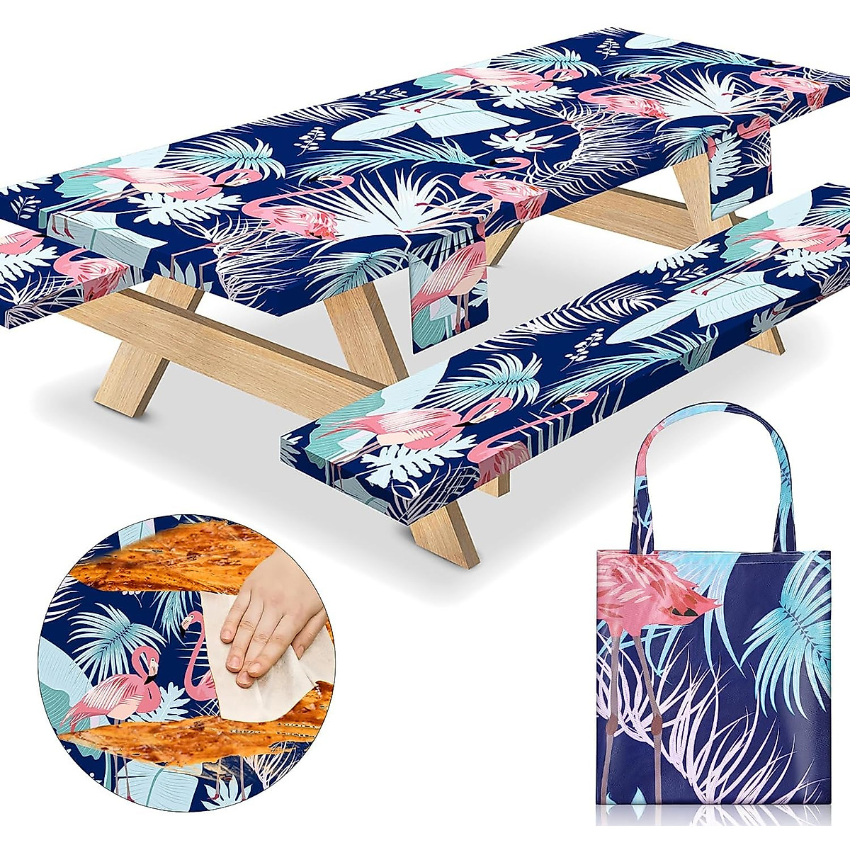 memKiya 6Ft Picnic Table Cover with Bench Covers Fitted 72×30 Inch Polyester Waterproof Dinning Tablecover Summer Outdoor Pinic Necessities Stuff Items Camper Camping Organizer Gifts Pink Flamingos
