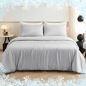 HCORA Cooling Duvet Cover Queen Size - Double Side Arc-Chill Q-Max>0.5 Cooling Fiber Duvet Cover Set 3PCS - Soft, Breathable, Cooling Comforter Cover with Zipper Closure & Corner Ties (Light Grey)