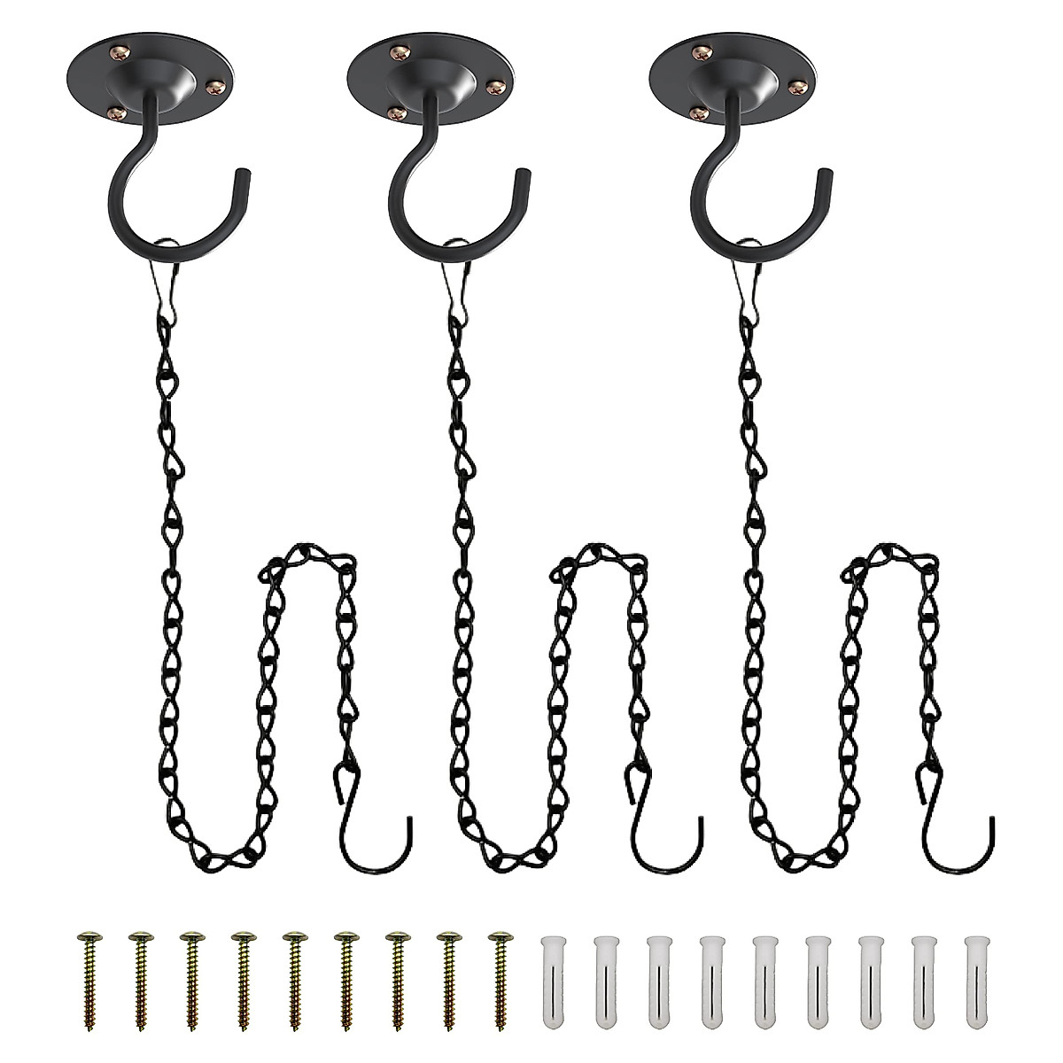 NACETURE Ceiling Hooks for Hanging Plants 3 Pack - Plant Hanger Indoor Hanging Hooks Metal Plant Bracket Iron Lanterns Hangers for Wind Chimes, Planters (Round White 3 Pack) (Black With Chain, 3 Pack)