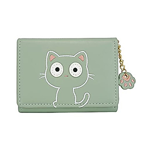Sunwel Fashion Cute Little Cat Pattern Small Wallet Credit Card Holder Cash Pockets ID Window with Paw Pendant (GREEN, Tri-fold)