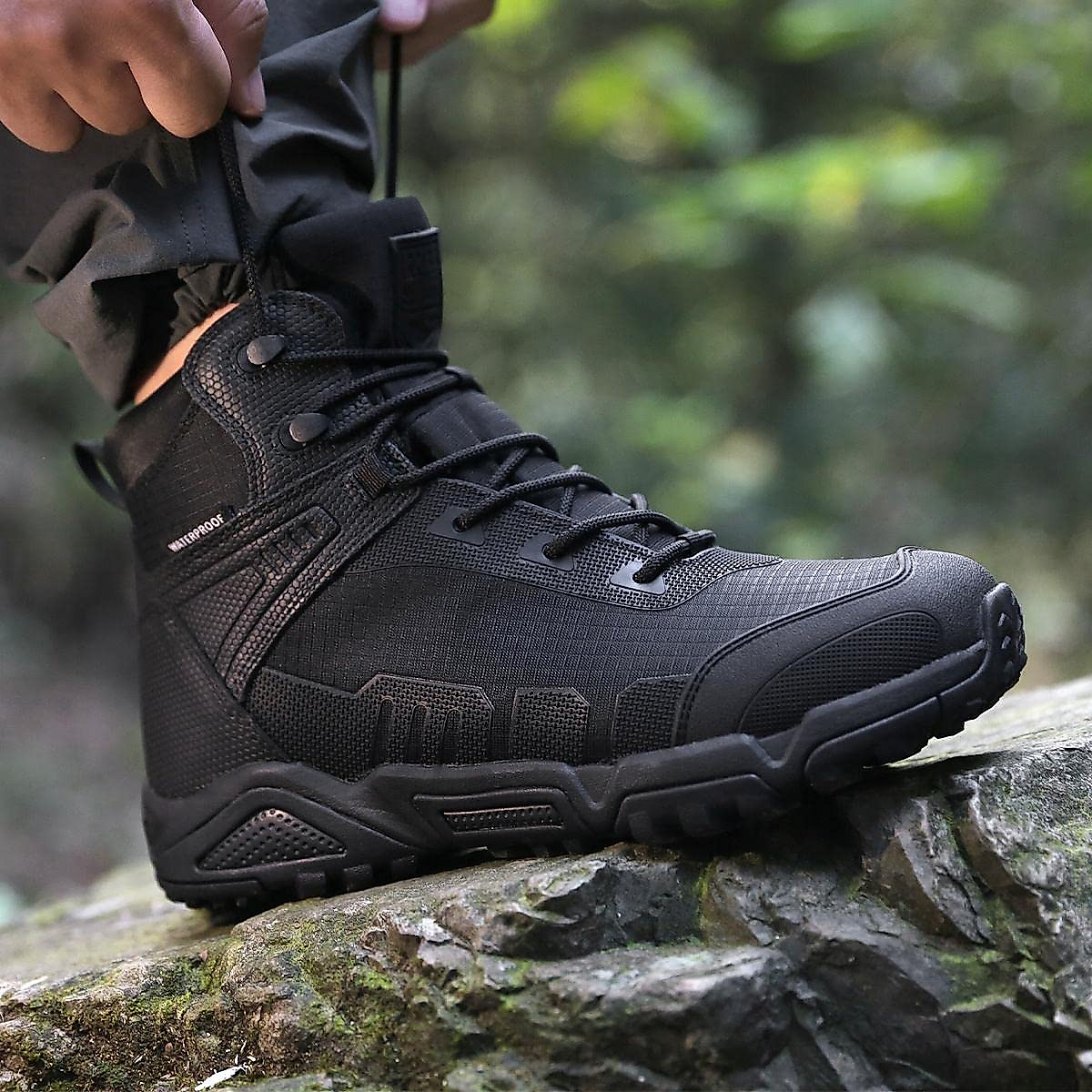 FREE SOLDIER Men's Waterproof Hiking Boots Lightweight Work Boots Military Tactical Boots Durable Combat Boots(Black 9w)