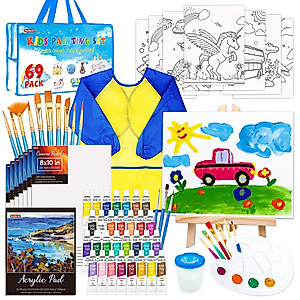 69 Pack Kids Paint Set, Shuttle Art Art Set for Kids with 30 Colors Acrylic Paint, Wood Easel, Canvas, Painting Pad, Brushes, Palette and Smock, Complete Paint Set for Boys and Girls(package may very)