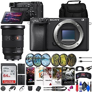 Sony a6400 Mirrorless Camera (ILCE-6400/B) + Sony FE 24-70mm Lens + Filter Kit + Bag + 64GB Card + NPF-W50 Battery + Card Reader + Corel Photo Software + Flex Tripod + Hand Strap + More (Renewed)