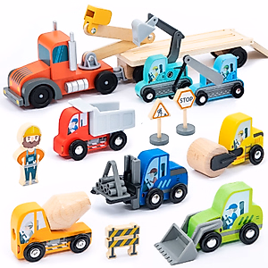 UMU Construction Toy Cars 14 PCS Wooden Kids Mini Vehicles for Toddlers, Compatible to Thomas Train Toys Railway and Major Brands, Best for 3 to 5 Year Old Boys and Girls