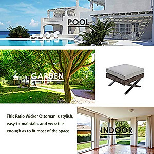 LOKATSE HOME Patio Wicker Ottoman Outdoor Bistro Furniture X-Shaped All-Weather Slatted Steel Leg Rattan Footstool with Cushion, Gray