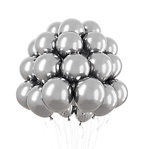 RUBFAC Silver Balloons Latex Party Balloons, 100pcs 12 Inch Silver Balloons for Party Decoration Like Birthday Party, Graduation, Wedding, Baby Shower, Gender Reveal (with Silver Ribbon)