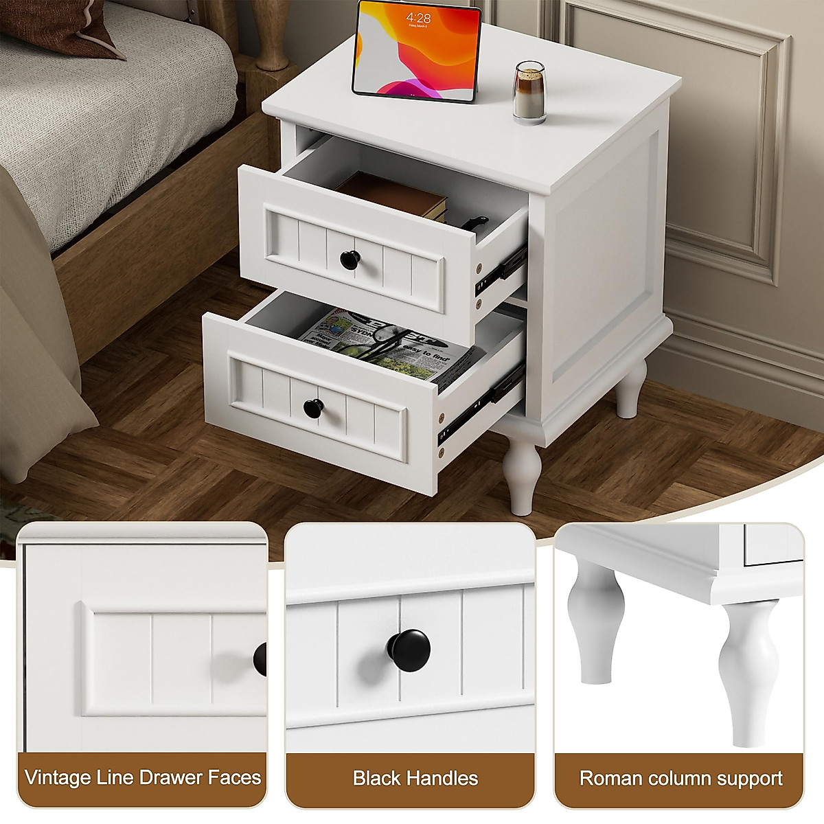 Scurrty Nightstand, Antique Style End Table with 2 Drawers, Taller Nightstand for Bedroom, Side Table for Bedroom (White, Single)