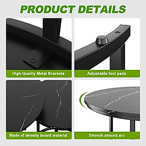 RRG Coffee Table Nesting Black Set of 2 Side - Black Frame and Round Black Marble Wood Table, Industrial End Table Side Tables for Living Room Bedroom Apartment Balcony Yard, Black Marble