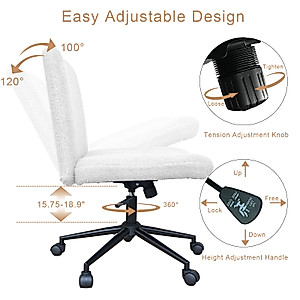 Kadunmina Armless Office Desk Chair with Wheels, Modern Swivel Computer Task Chair Comfortable Adjustable Wide Seat Vanity Chair for Home, Bedroom, Make Up(White)