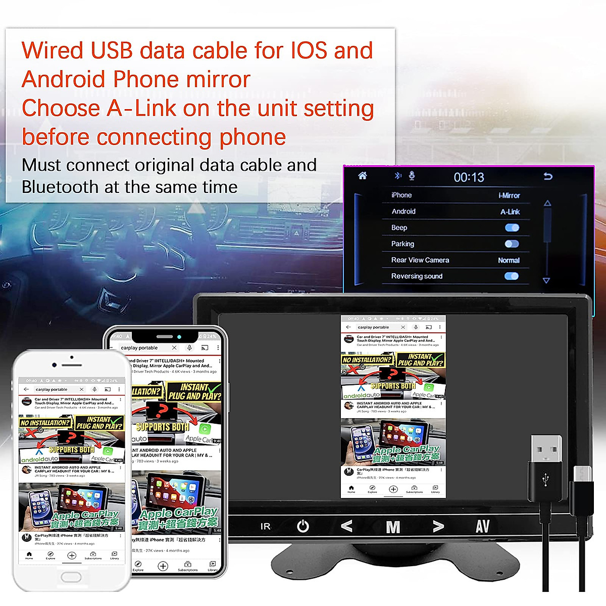 Binize Portable Carplay Screen Navigation, Portable 7 Inch Car Stereo Radio Compatible with Car Play & Android Auto, Touch Screen, Mirror Link ,Bluetooth for All Vehicles & Trucks