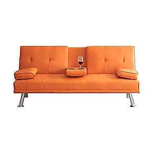Faux Leather Convertible Folding Futon Sofa Bed with 2 Cup Holders, Sleeper Couch Bed with Removable Armrests, Metal Legs, Upholstered Loveseat for Living Room, Apartment, Dorm, Office (Orange)