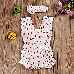 ClickMeForMoreProducts Newborn Baby Girl Strawberry Romper Ruffle Sleeve Bubble Romper Bodysuit with Headband Infant Summer Clothes (12-18months,red strawberry)