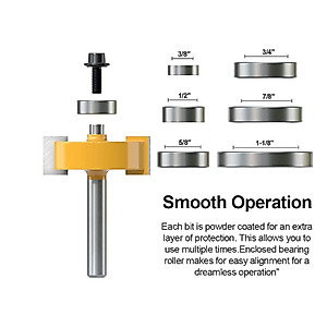 Yueqing Zhongji Rabbet Router Bit 1/4 Inch with 6 Bearings,Interchangeable and Adjustable Bearing (Multiple Depths 1/8", 1/4", 5/16", 3/8", 7/16", 1/2") Carbide Tipped Rabbeting Router Bit Set for