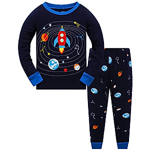 Popshion Little Boys Long Sleeve Pajamas for Boys 100% Cotton Toddler Space Rocket Sleepwear Clothes Set(Planet-6229 6T)