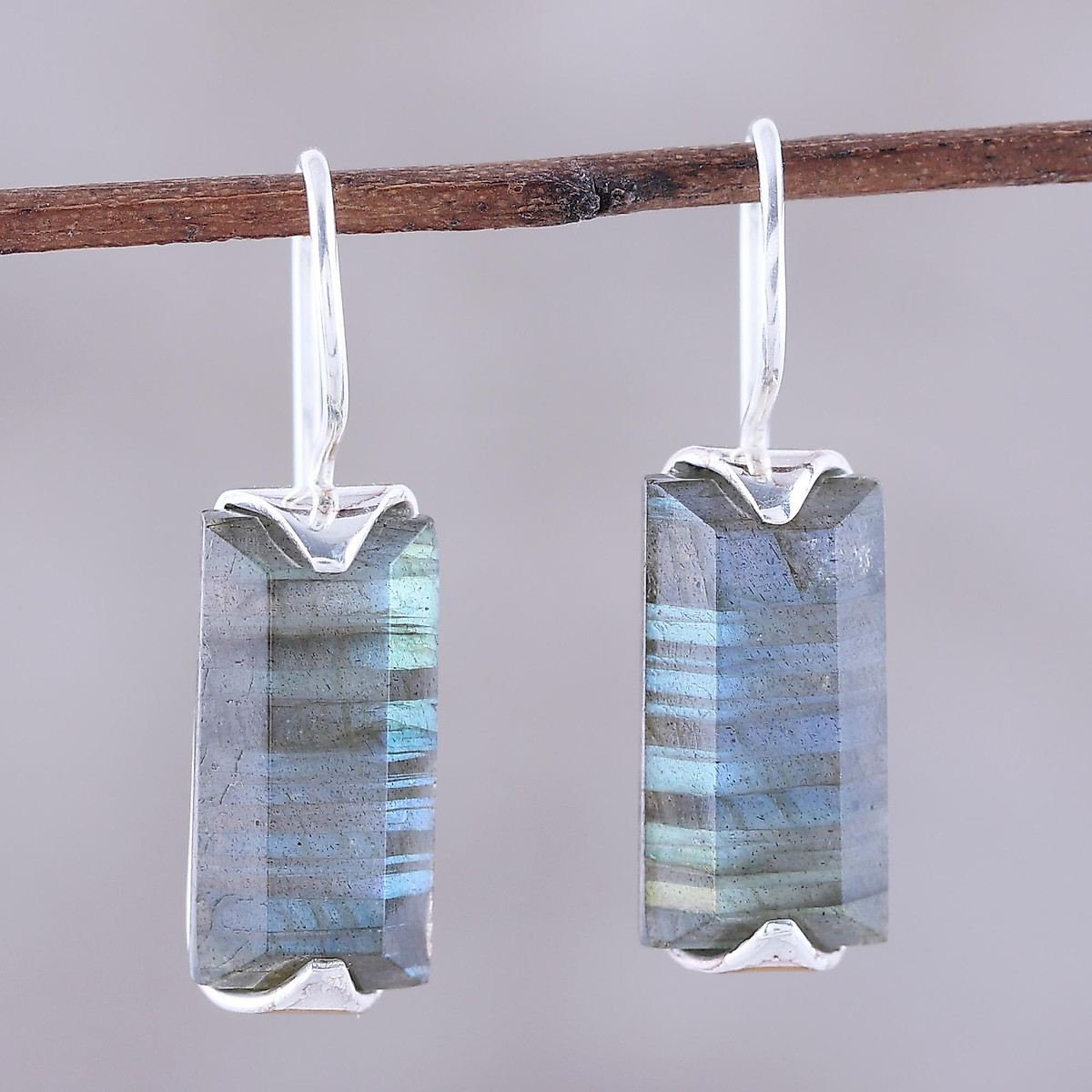 NOVICA Artisan Handmade Labradorite Drop Earrings 12carat from India Sterling Silver [1.1 in L x 0.3 in W x 0.2 in D] ' Beautiful Aurora'