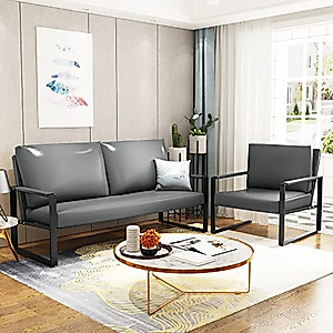 Lamerge Mid-Century Retro Modern Living Room Sofa Set with Loveseat and Seating Sofa Chair, Upholstered Couch and Accent Chair with Armrest, Living Room Set for Small Space, APT, Office (Grey)