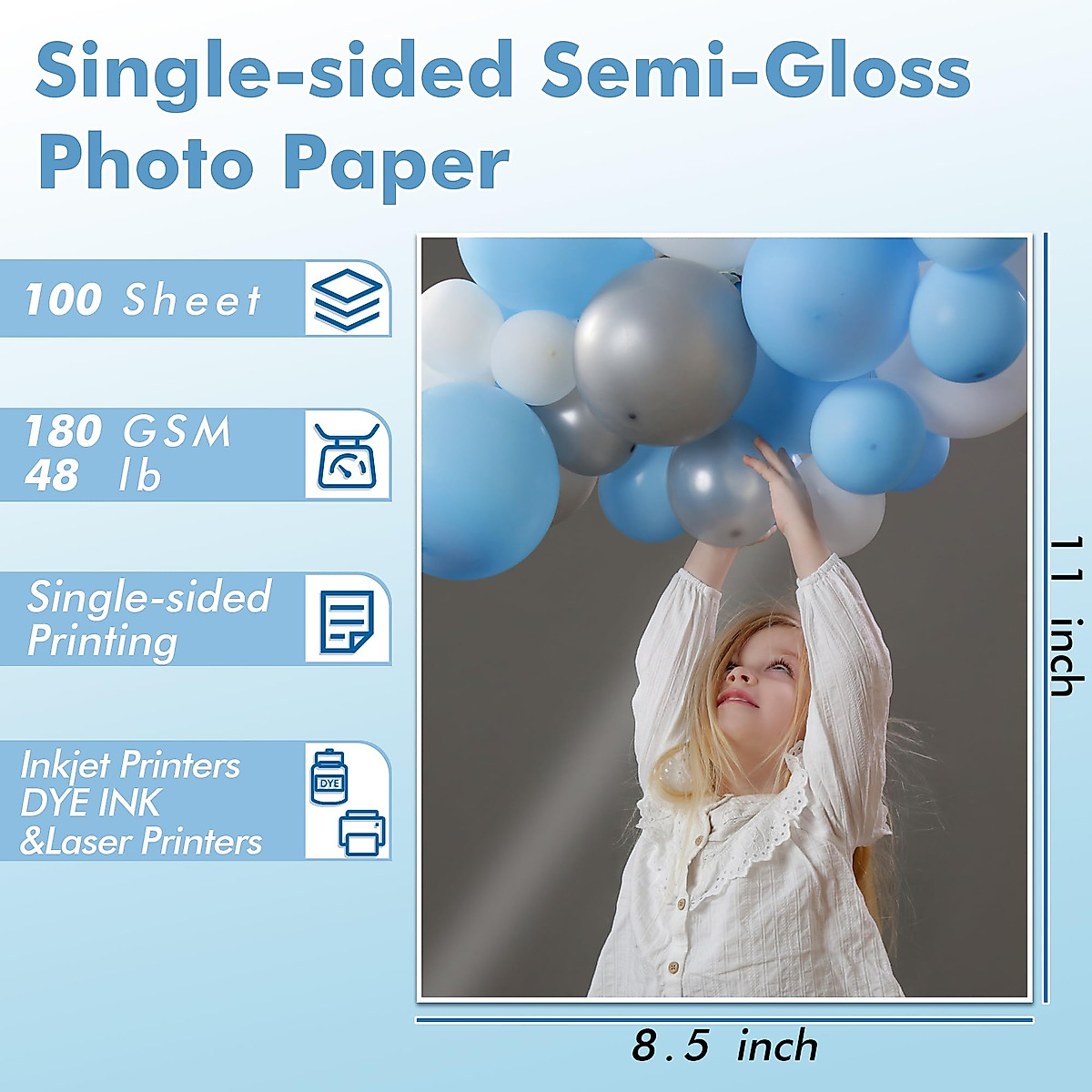 Koala Semi-Gloss Photo Paper 8.5X11 Inches 100 Sheets for Inkjet and Laser Printers Use DYE INK 48LB 180gsm Professional Paper