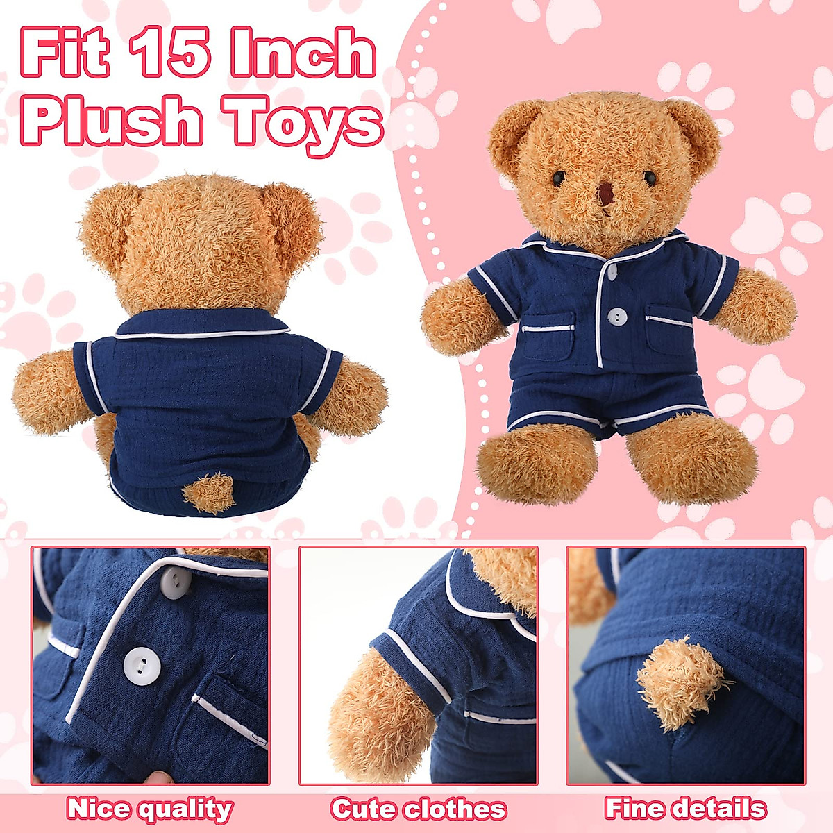 2 Sets Bear Clothes Stuffed Animal Clothes Bear Accessories Pink and Blue Bear Pajamas Clothes Double Layer Muslin Short Sleeve Top and Bottom Pajamas Fits Most 14-18 Inch Bears
