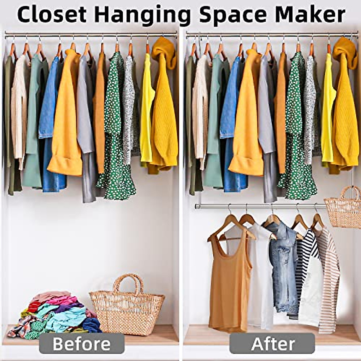 STARTOSTAR Closet Hanging Rod, Width and Height Adjustable Closet Extender Hanging Rod, Closet Hanging Organizer, Stainless Steel Double Closet Rod, Space-Saving Clothes Hanging Bar -2 Pack