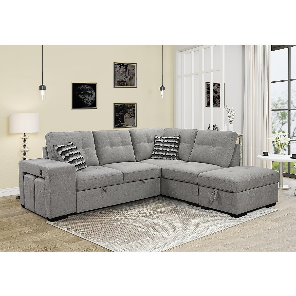 Familymill 100'' Modern Upholstered Fabric L-Shaped Convertible Corner Sectional Sofa Bed, Pull-Out Sleeper Sofa Bed with Storage Ottoman, USB Ports, and 2 Stools (Light Gray, L Shaped)