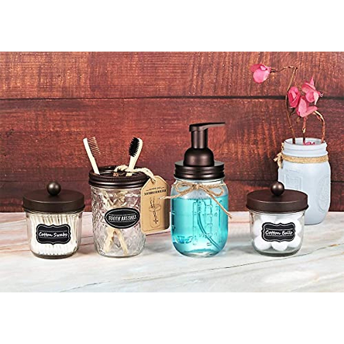 4pcs & 4pcs Bronze Mason Jar Bathroom Accessories Set - 2 Foaming Soap Dispenser& 2 Qtip Holder (regular mouth)&2 Cotton Swab Holder (wide mouth)&2 Toothbrush Holder-Rustic Farmhouse Decor Bathroom
