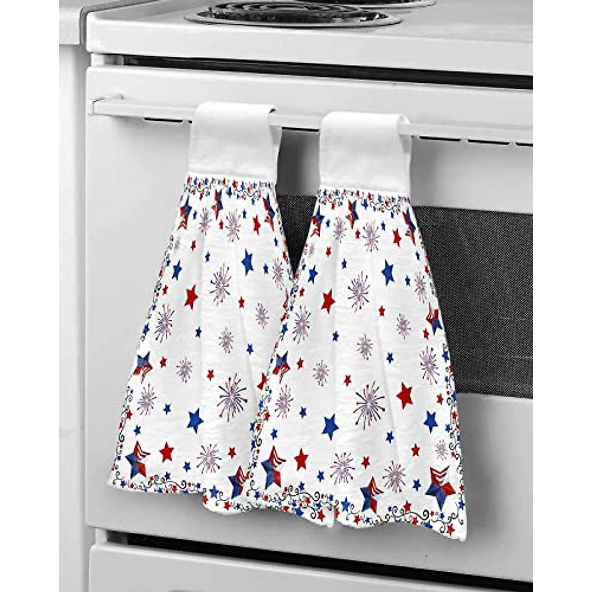 ZFUNCING Hand Tie Towel Set of 2,Memorial Day Patriotic Blue and Red Star Hanging Kitchen Towels with Loop,Absorbent Tea Bar Dish Towel Fast Drying Towels for Bathroom,Swirling Stripe on White