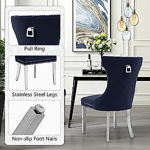 Creek Vista Velvet Dining Chairs Set of 4, Upholstered Dining Room Chair with Stainless Legs, Tufted Kitchen Chair with Button Back and Pull Ring, Dark Blue