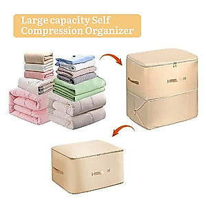 PLUG Large Capacity Blanket Storage, Ultra Space Saving Self Compression Organizer Foldable Comforter Storage Bags King Size for Clothes, Sweater, Bedding, Pillow with Handles