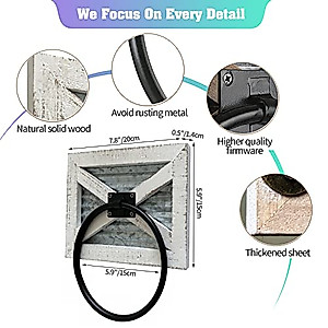 Farmhouse Bathroom Rustic Towel Ring with Galvanized Metal& Black Metal - Rustic Weathered White Wood Wall Mount Hand Towel Holder for Country Bathroom Decor